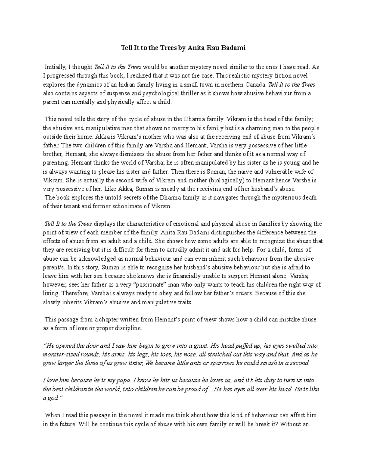 ELA A30 - Analysis of "Tell It to the Trees" by Anita Rau Badami - Studocu