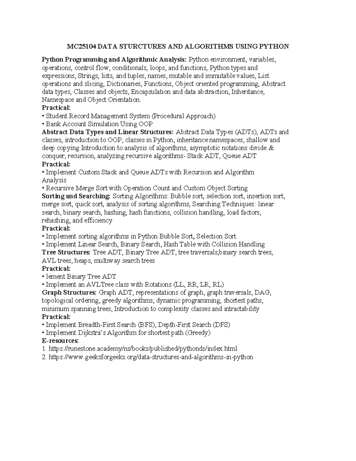 MC25104 DATA STRUCTURES & ALGORITHMS: PYTHON SYLLABUS - Studocu