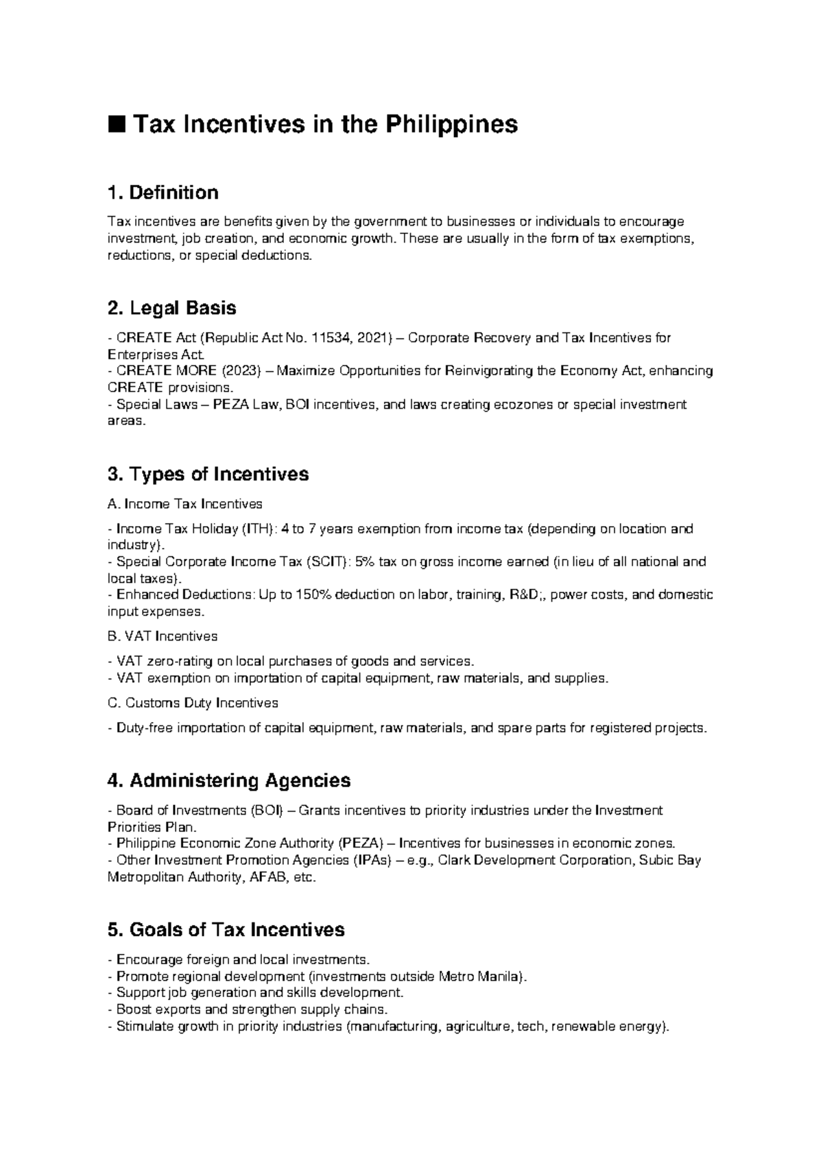 Tax Incentives in the Philippines: Overview and Legal Framework - Studocu