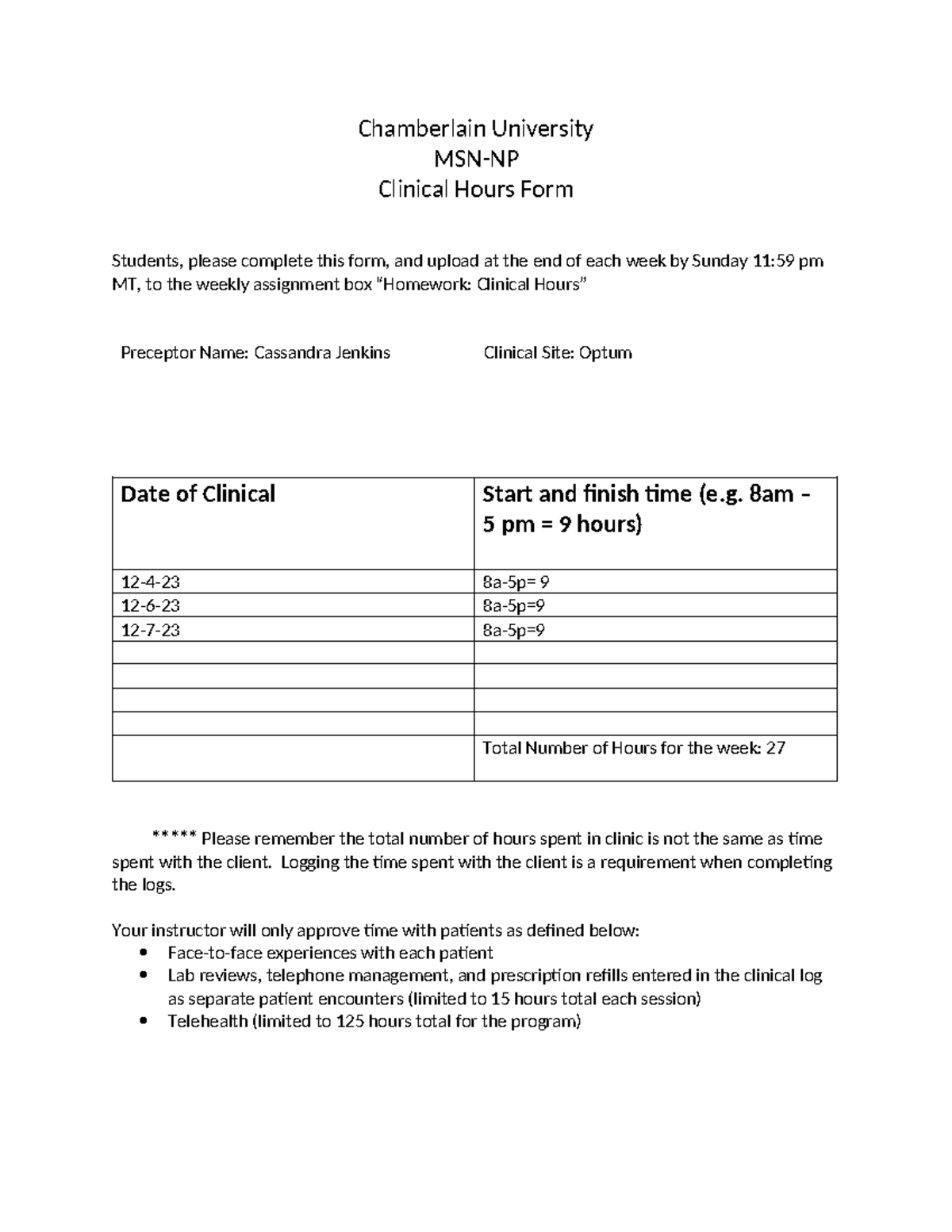 MSN-NP Week 6 Clinical Log Submission and Guidelines - Studocu