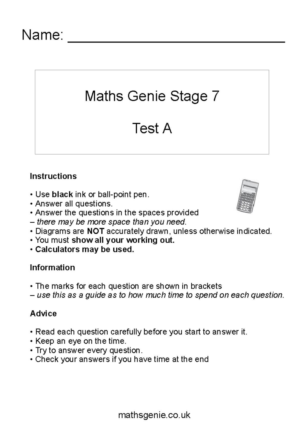 Stage 7A - Maths Test A Revision Notes - Studocu