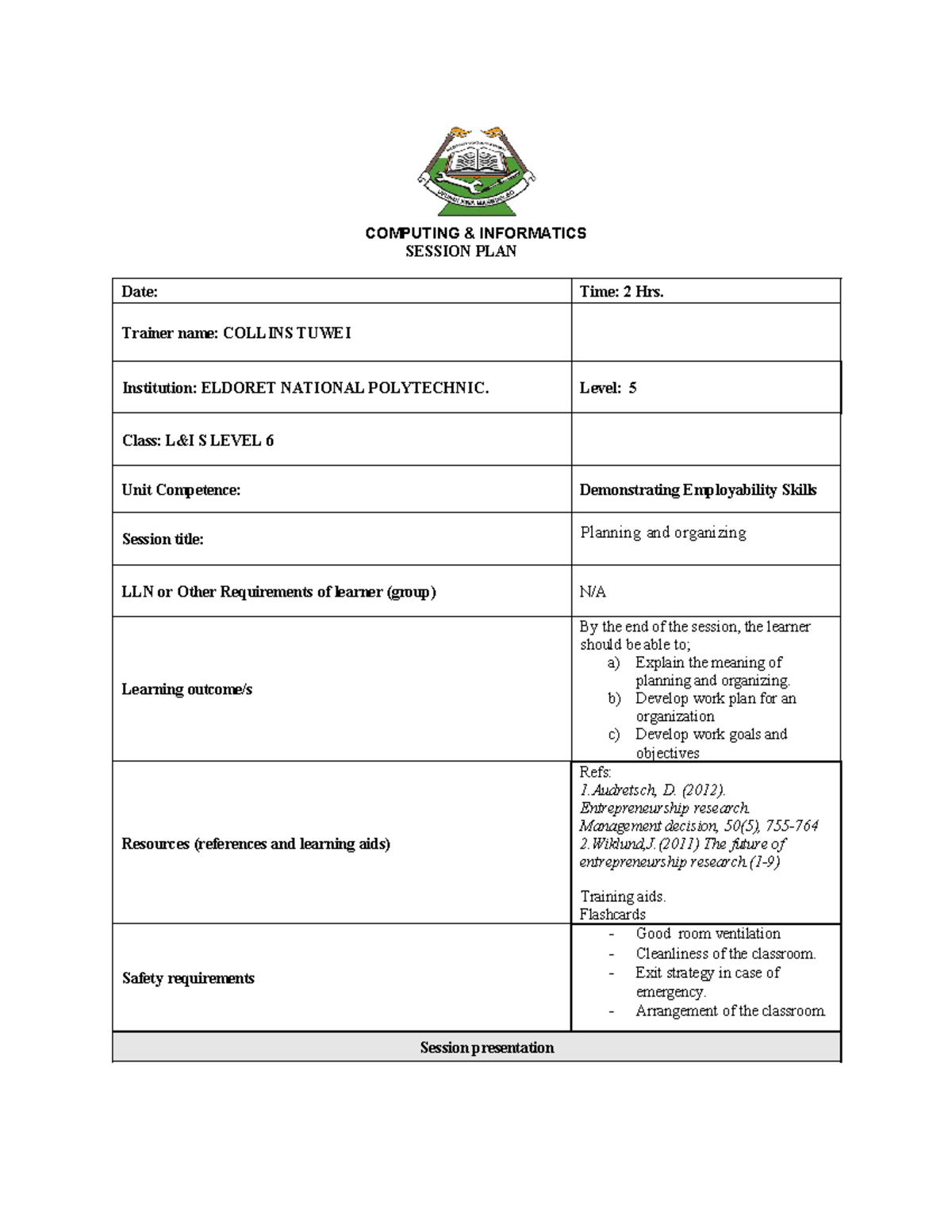 Employability Skills Session Plan - Level 5 - Studocu