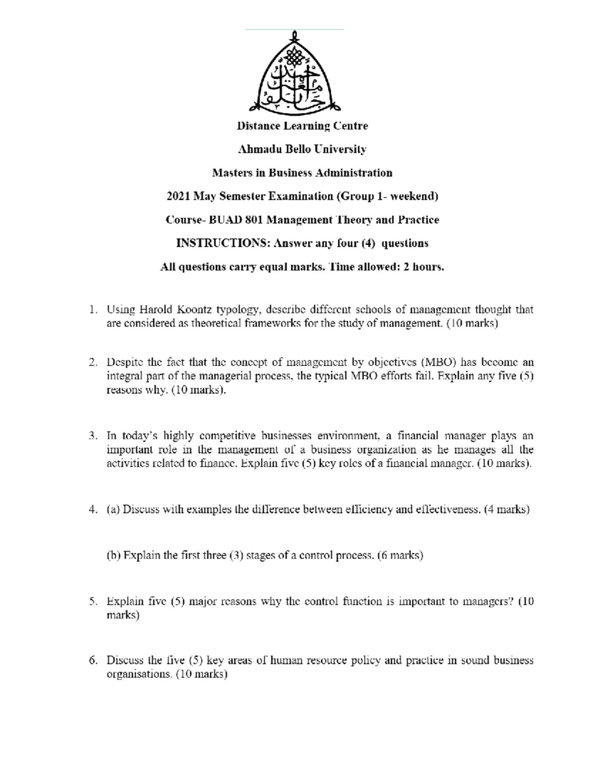 BUAD 801: Management Theory and Practice - Past Exam Questions ...