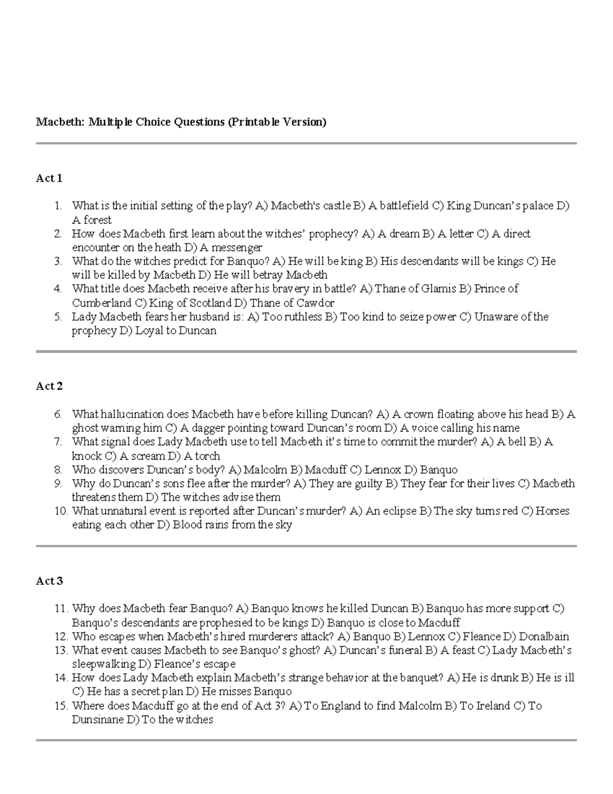 Macbeth (ENG 101): Comprehensive Multiple Choice Questions & Answers - Studocu