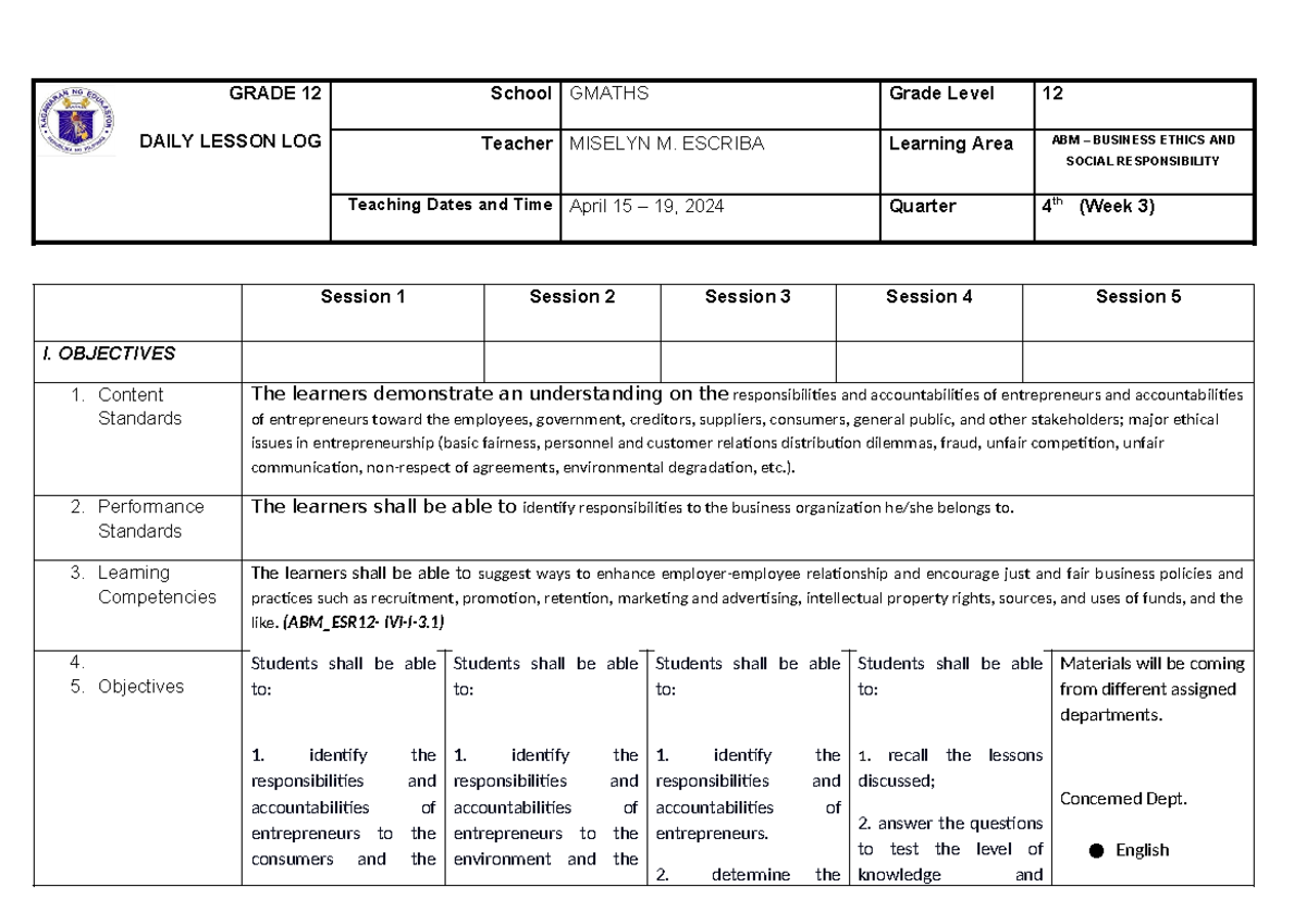 DLL Q4W3 Business Ethics Lesson Plan Overview and Objectives - Studocu