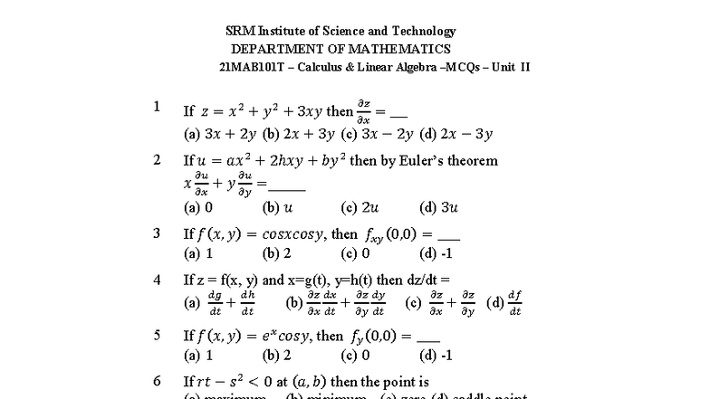 21MAB101T - Calculus & Linear Algebra Unit II MCQs - Studocu