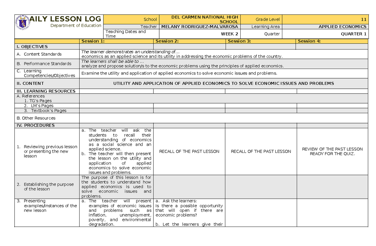 AE Q1 WEEK 2 - Detailed Lesson Plan on Applied Economics - Studocu