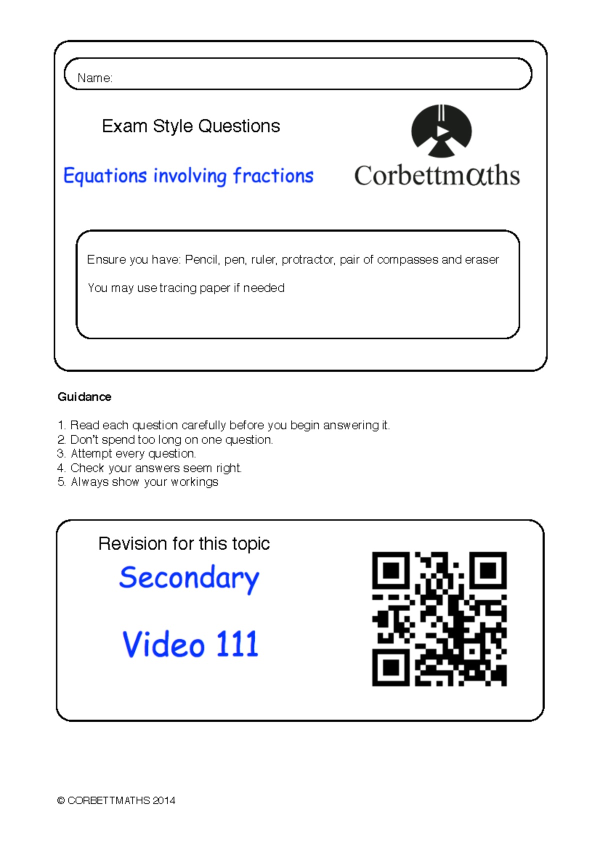 Exam Style Questions for Equations - CORBETTMATHS 2014 - Studocu