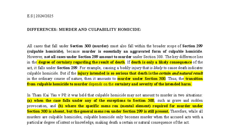 E.S FATAL OFFENCES: MURDER VS CULPABLE HOMICIDE ANALYSIS - Studocu