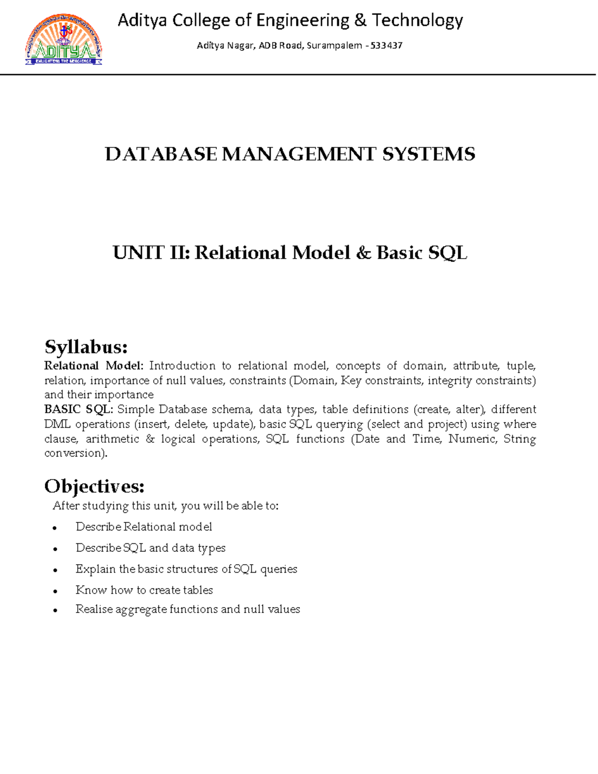 DBMS (R20) UNIT - 2 - data base concepts - Aditya College of Engineering & Technology Aditya ...