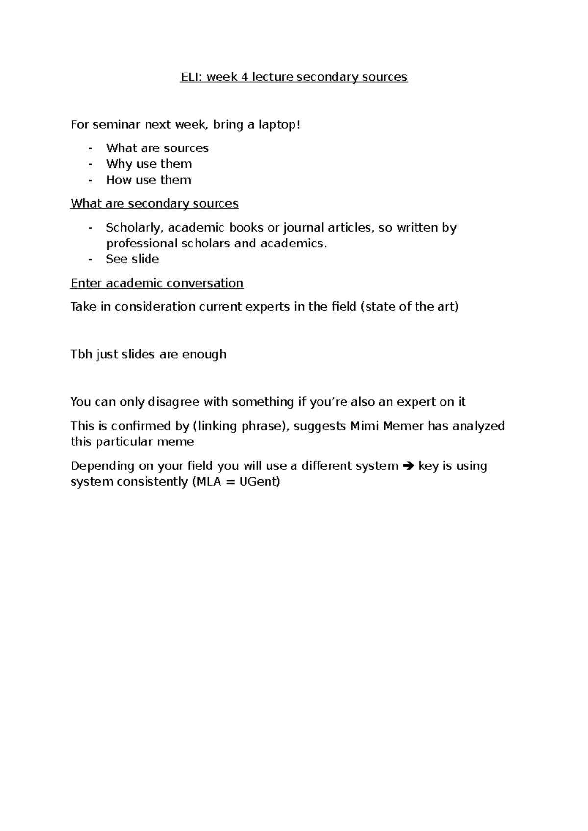 ELI: Week 4 Lecture on Secondary Sources and Their Use - Studocu