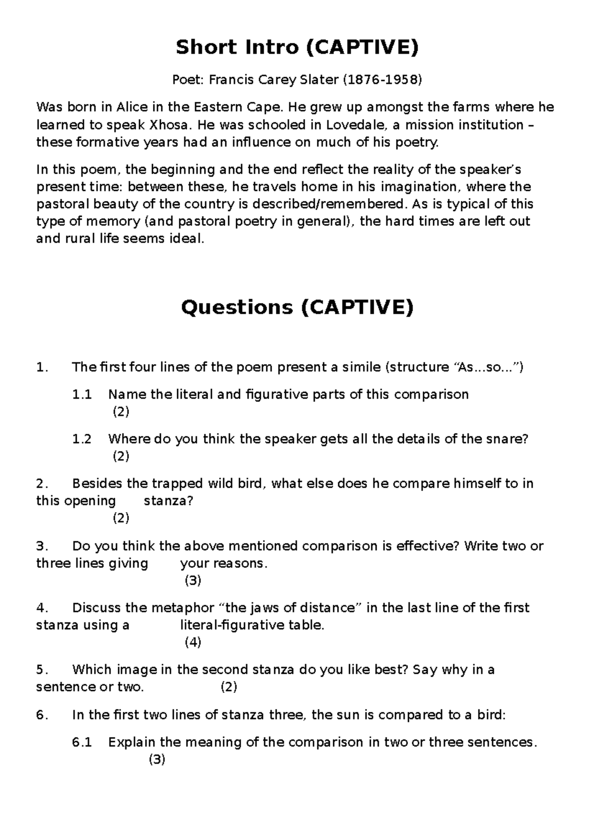 CAPTIVE: Poetry Analysis Q&A on Francis Carey Slater's Work - Studocu