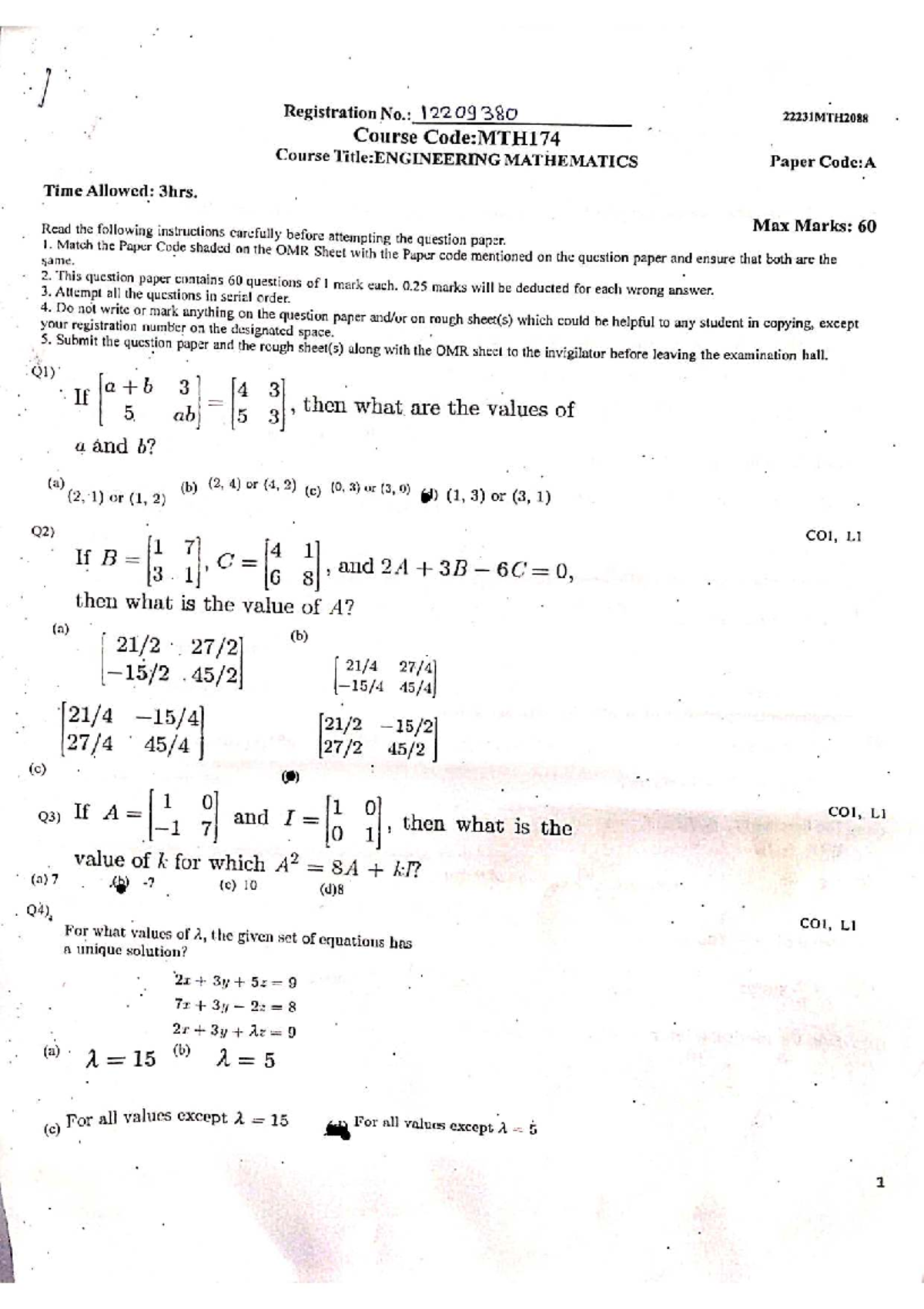 MTH1 74 Final Exam: Time Engineering Mathematics Question Paper - Studocu