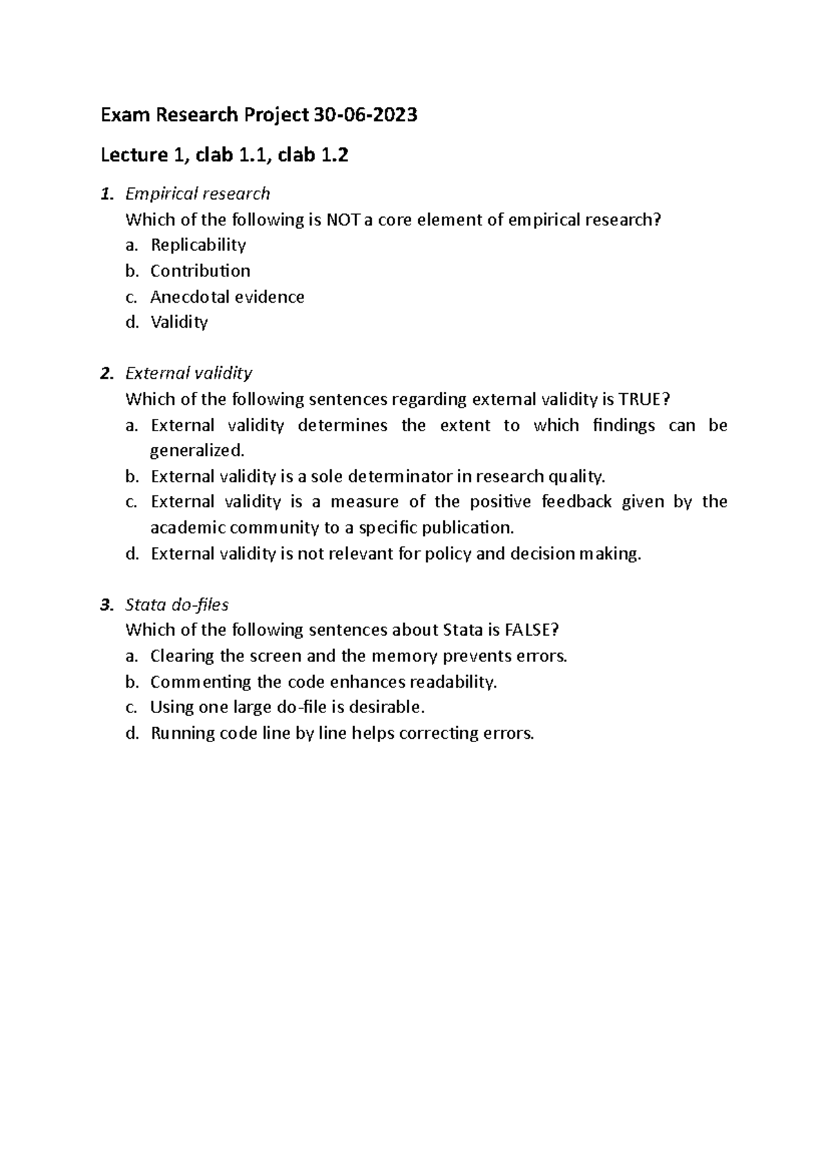 Final Exam 2023: Key Concepts in Empirical Research and Analysis ...