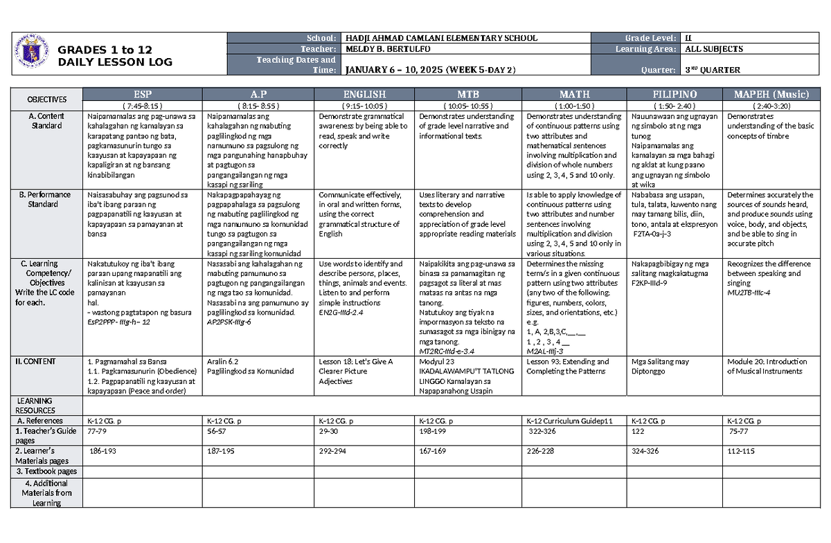 DLL ALL Subjects 2 Q3 W5 D2 - GRADES 1 to 12 DAILY LESSON LOG School: HADJI AHMAD CAMLANI ...