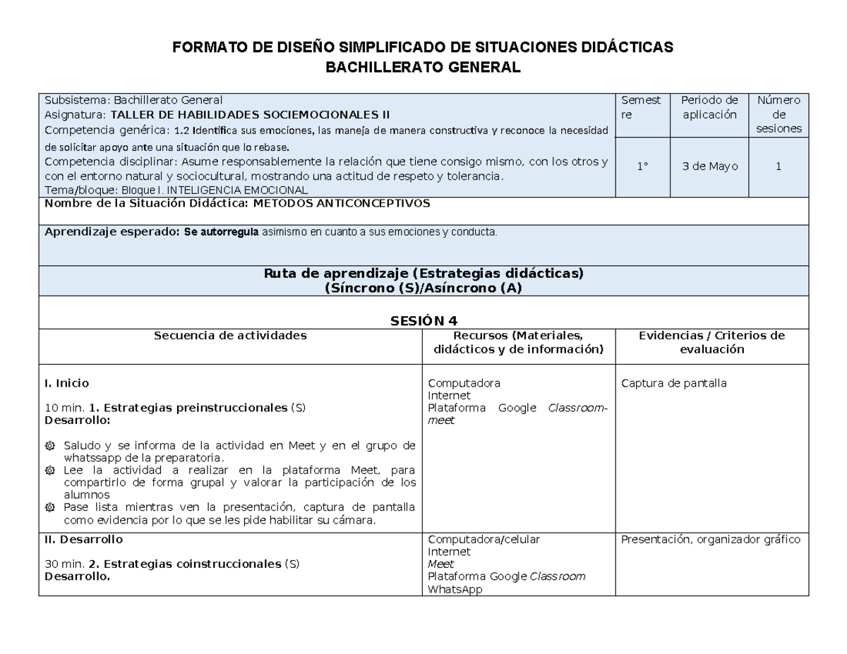 Planeación Junio - Resumen Planeaciòn - FORMATO DE DISEÑO SIMPLIFICADO DE SITUACIONES DIDÁCTICAS ...