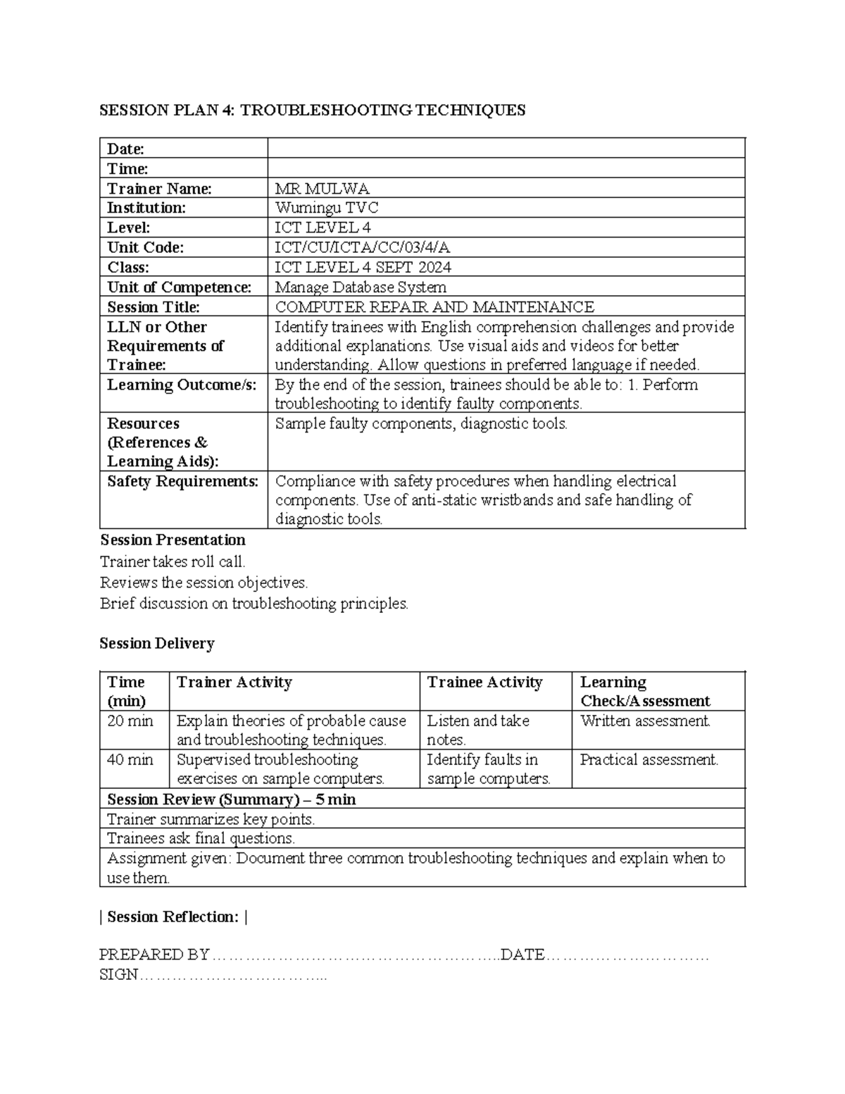 SESSION PLAN 4: TROUBLESHOOTING TECHNIQUES - ICT LEVEL 4 - Studocu