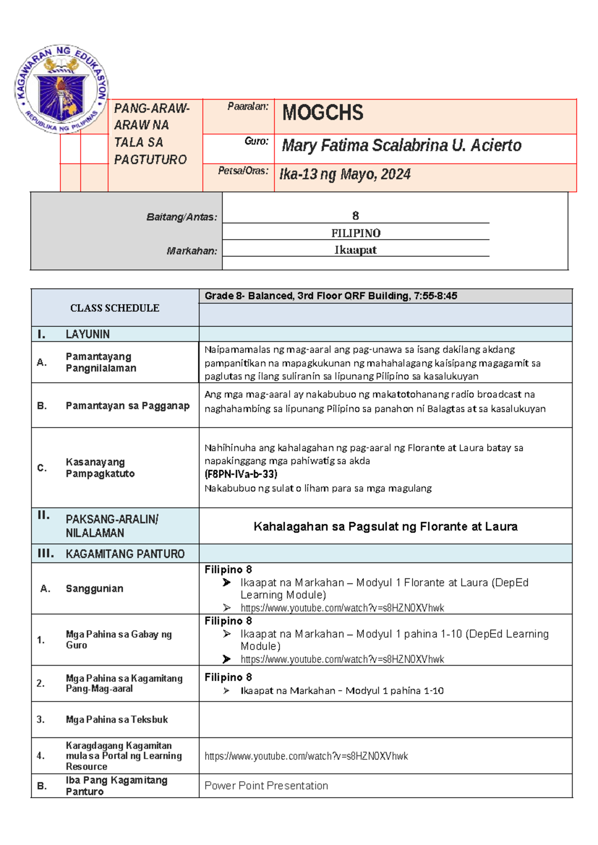 COT Final - Lesson Plan - PANG-ARAW- ARAW NA TALA SA PAGTUTURO Paaralan ...