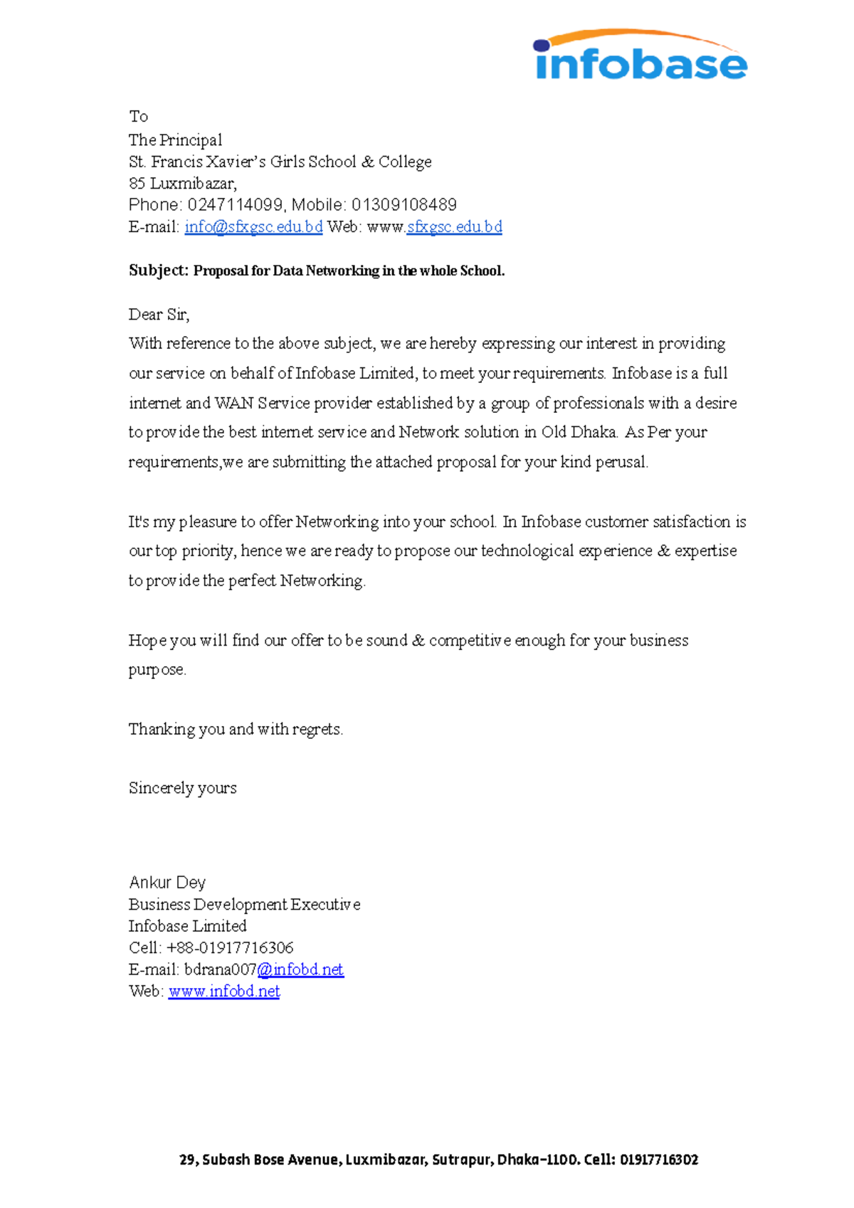 Proposal Letter - good - To The Principal St. Francis Xavier’s Girls ...