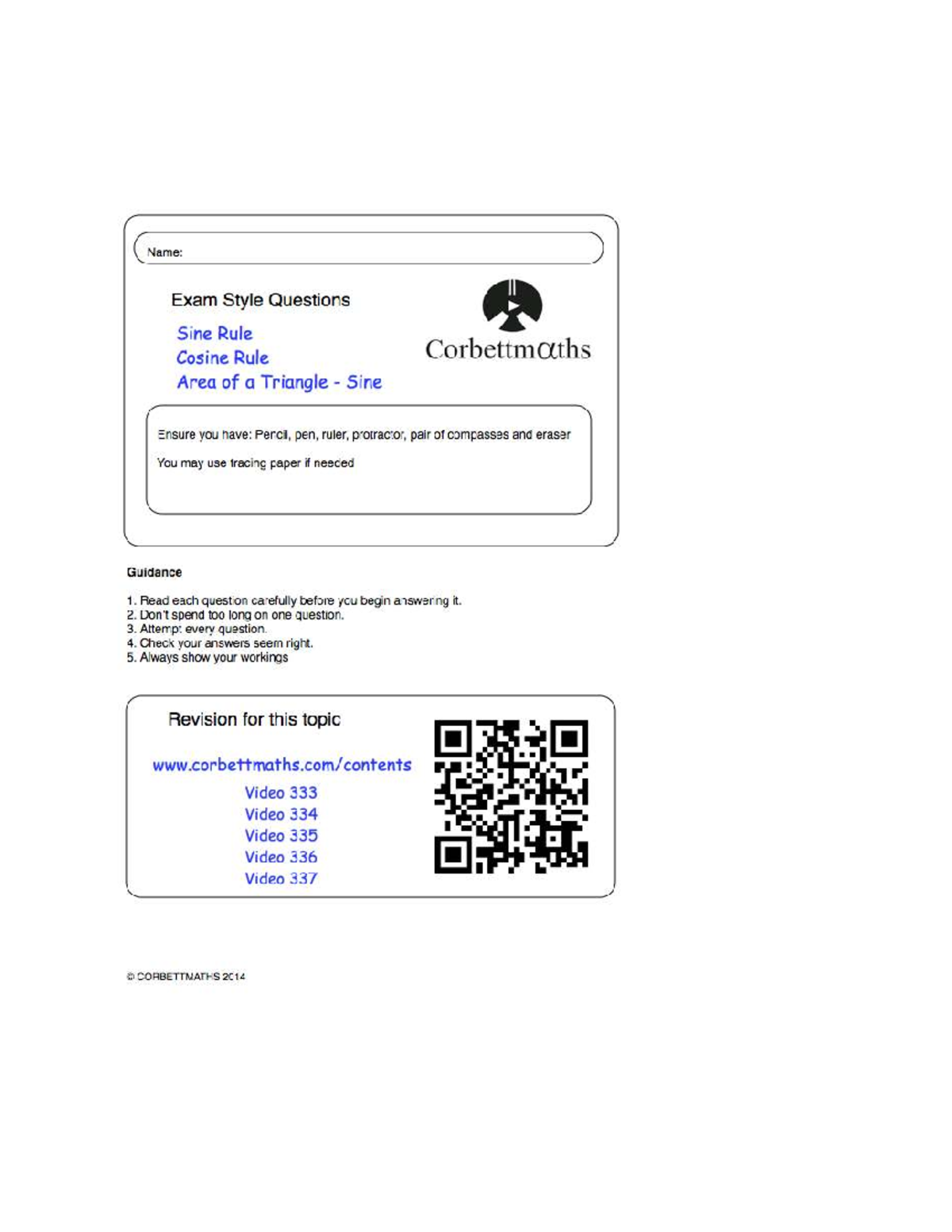 Exam Style Questions: Sine & Cosine Rule (CORBETTMATHS) - Studocu