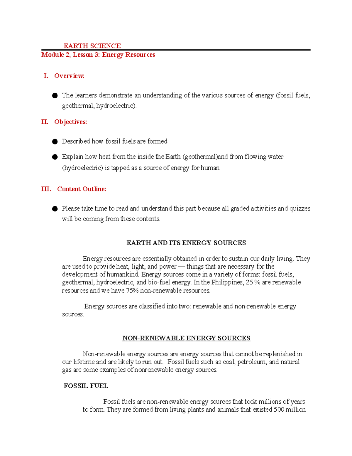 EARTH SCIENCE Module 2: Lesson 3 - Energy Resources Overview - Studocu