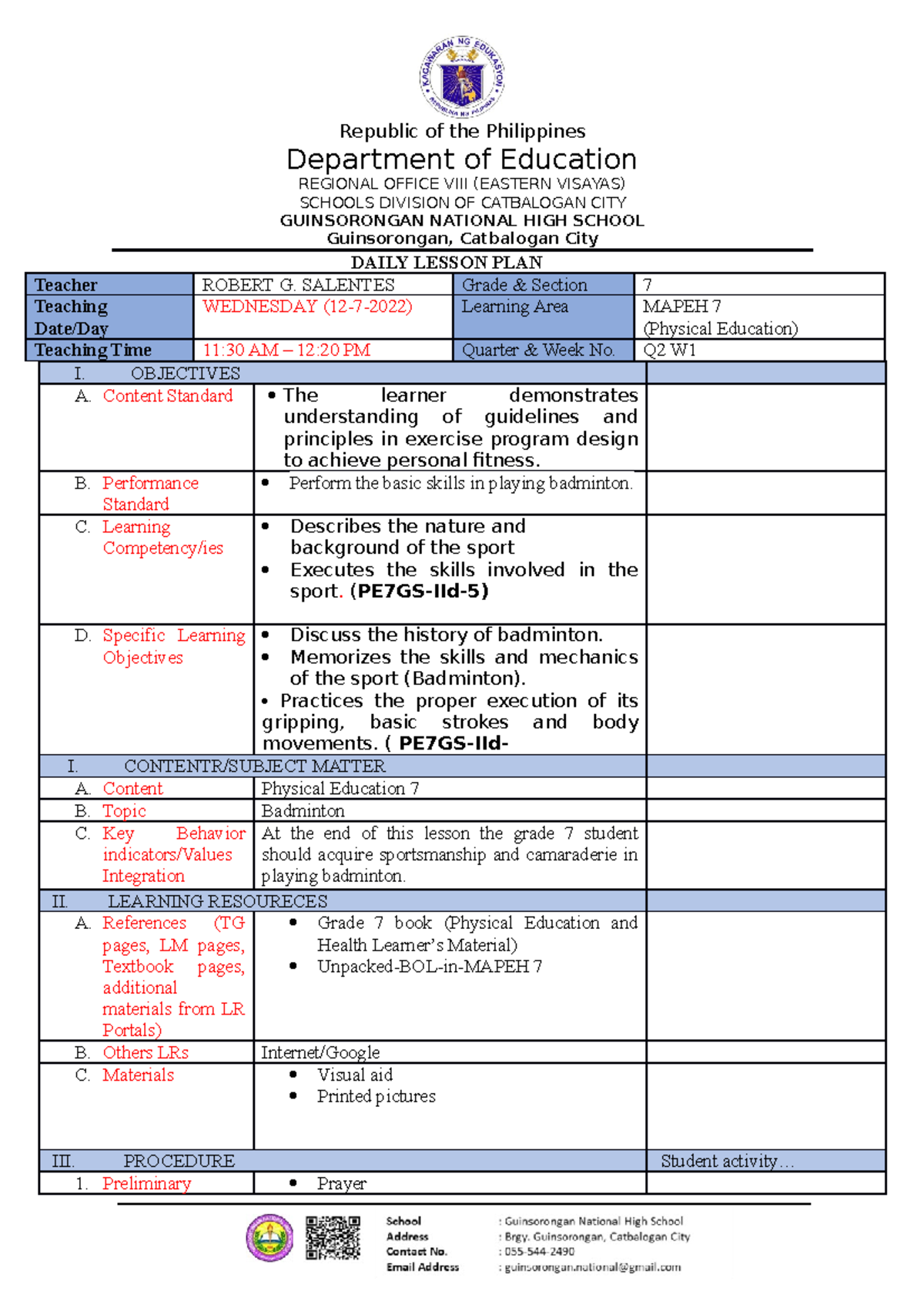 Badminton Lesson PLAN DEMO Autosaved - Department of Education REGIONAL ...