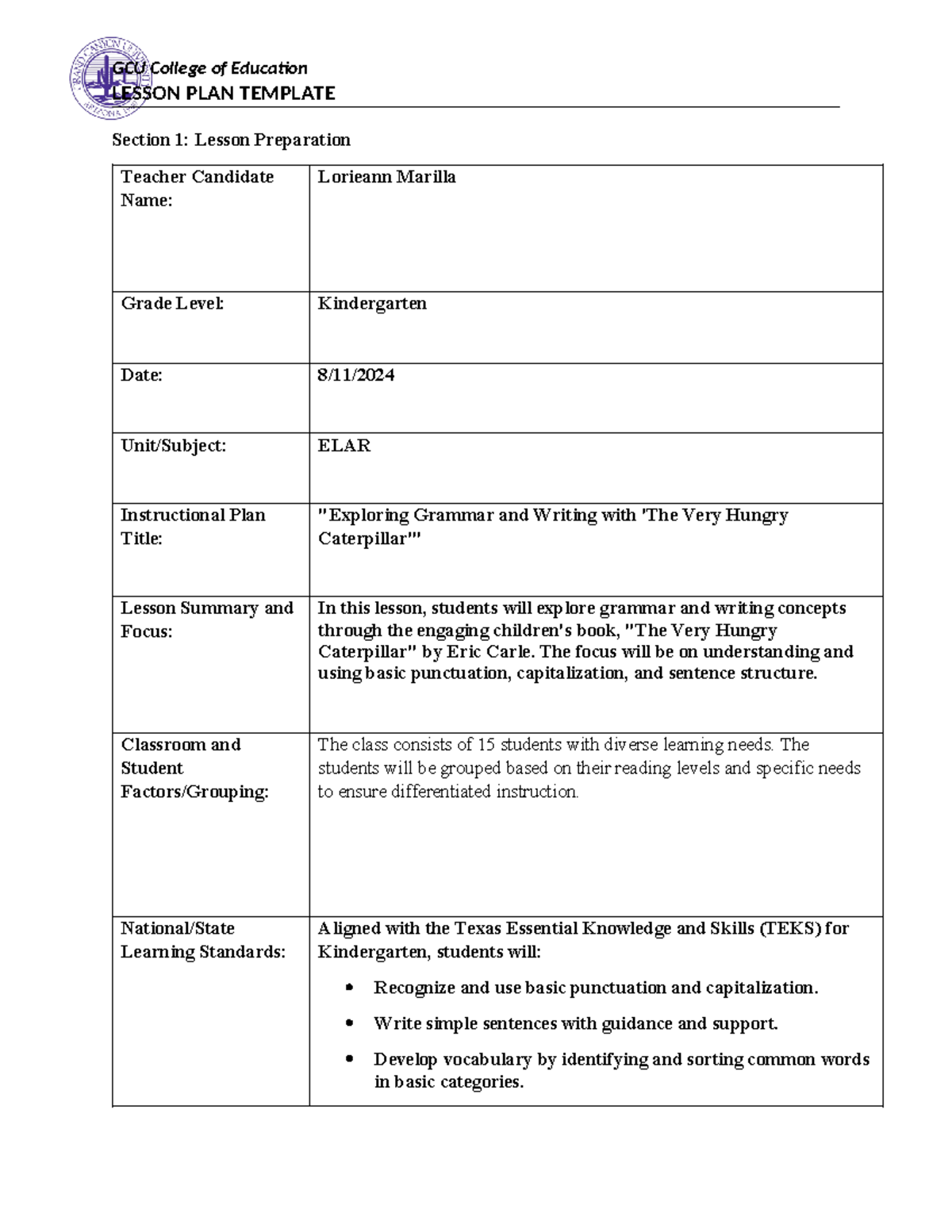 ELM-480 Lesson Plan: Grammar and Writing with 'The Very Hungry Caterpillar' - Studocu