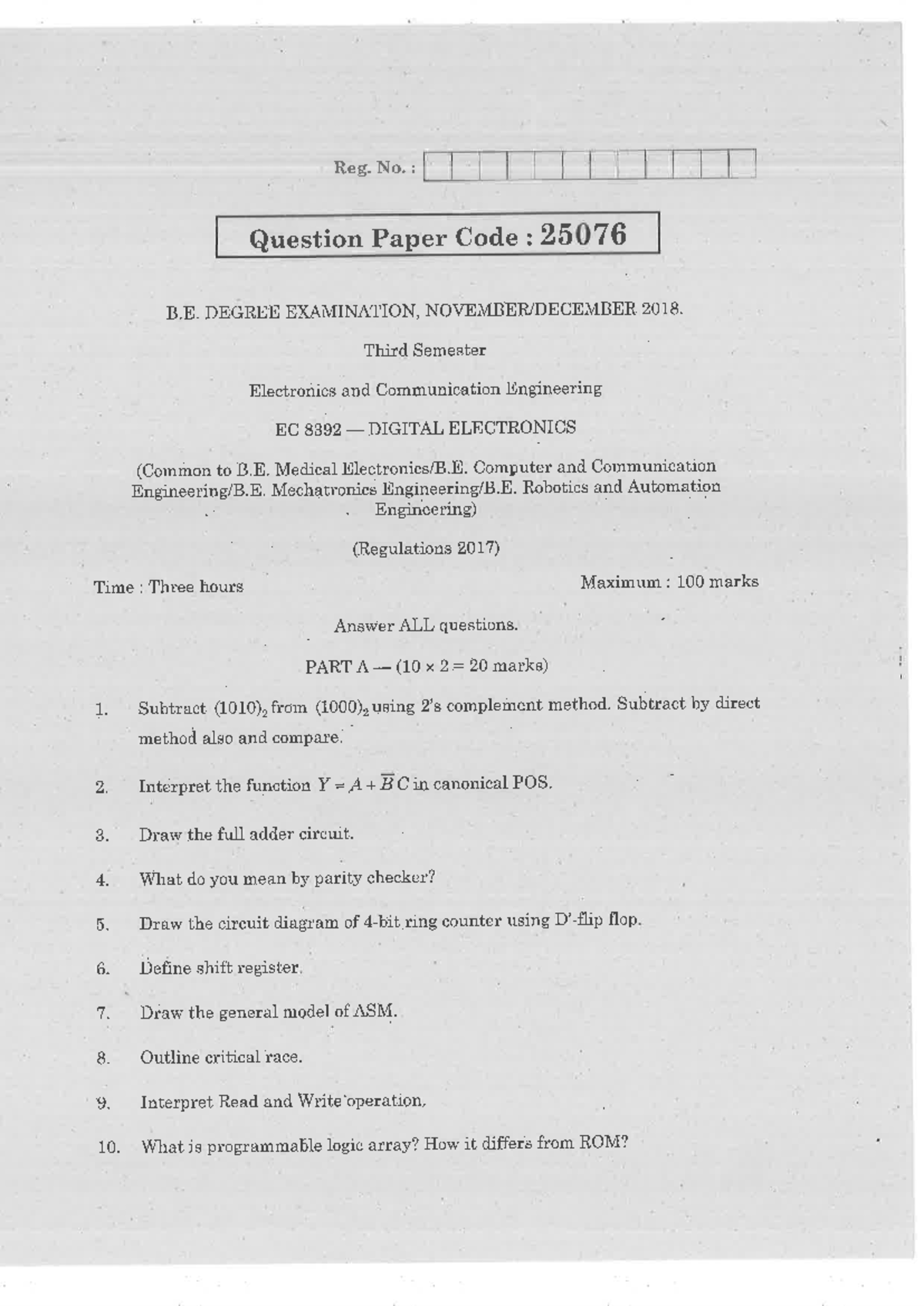 EC 8392 Digital Electronics Exam Questions (2018-2021) - Studocu