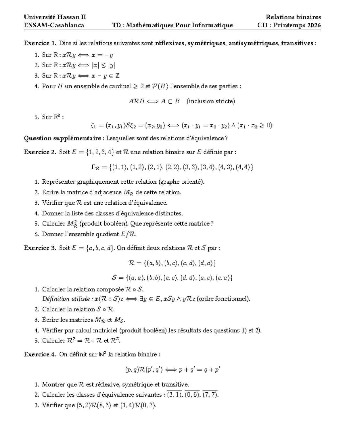 TD Mathématiques Pour Informatique - Relations binaires CI1 - Studocu