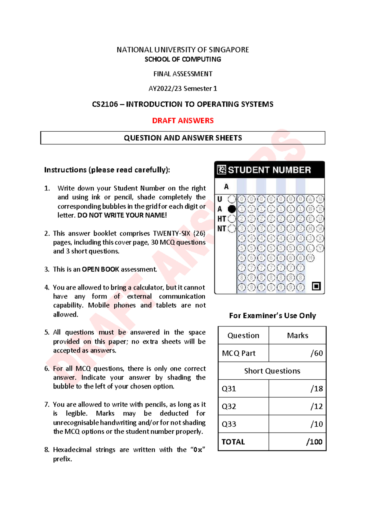 CS2106 Final Assessment Semester 1 Exam Solutions - Studocu