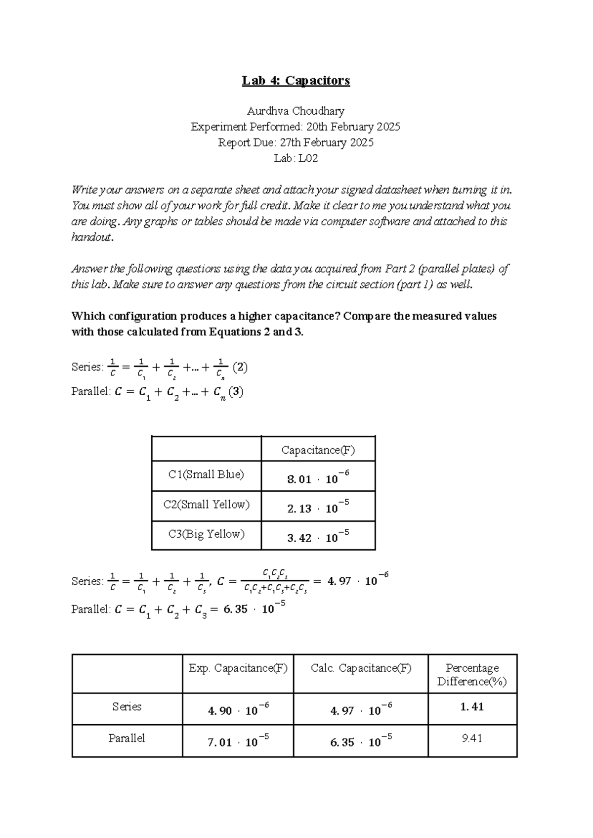 Lab 4: Capacitors Analysis and Results - L Course Code - Studocu
