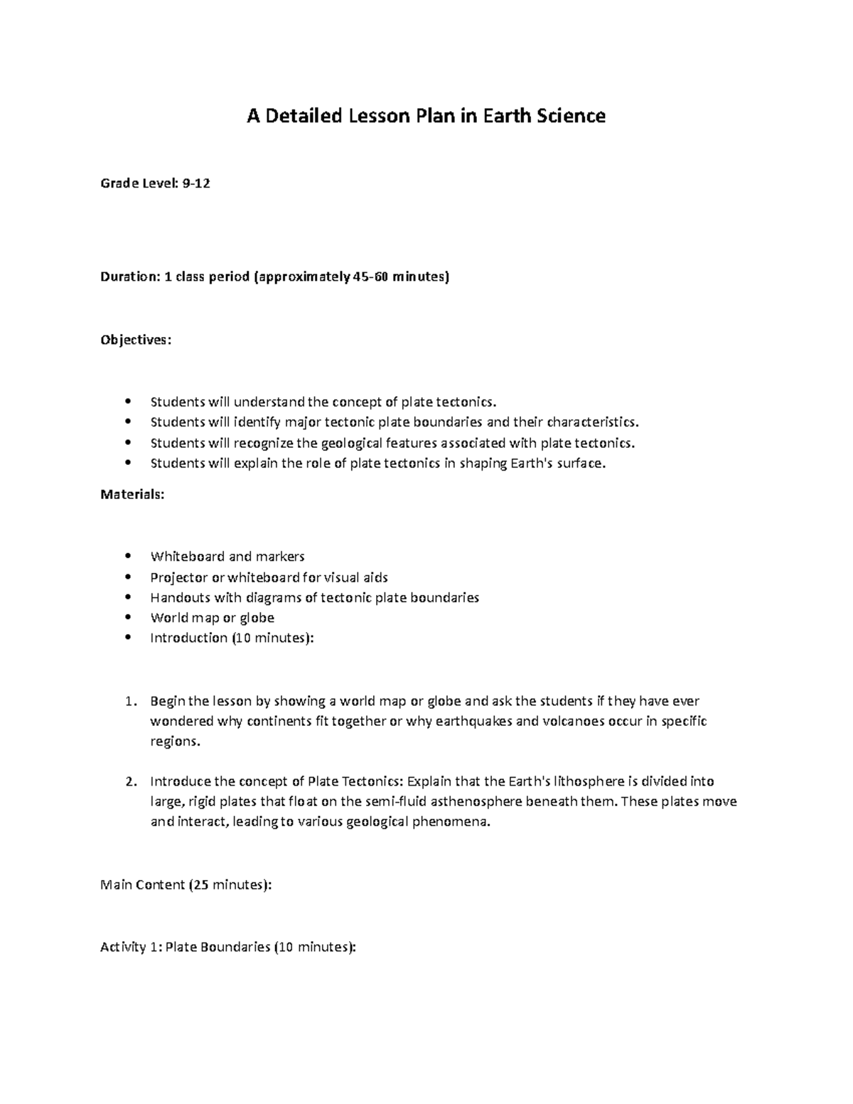 Lesson Plan for Grade 9: Plate Tectonics in Earth Science - Studocu