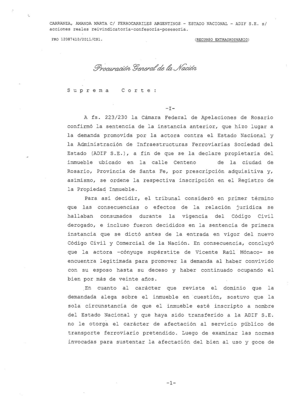 Carranza Amanda c. Ferrocarriles Argentinos - Estado Nacional - ADIF S ...