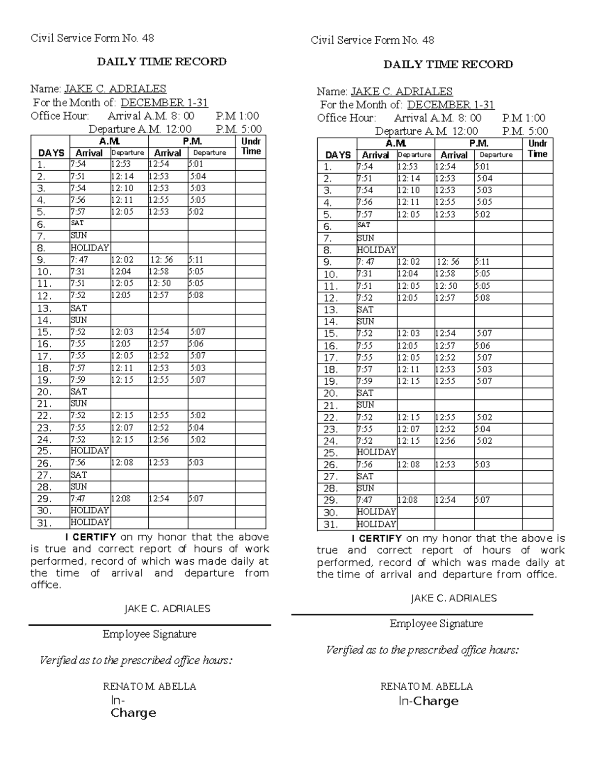 Civil Service Form No. 48: Daily Time Record for December 2025 - Studocu