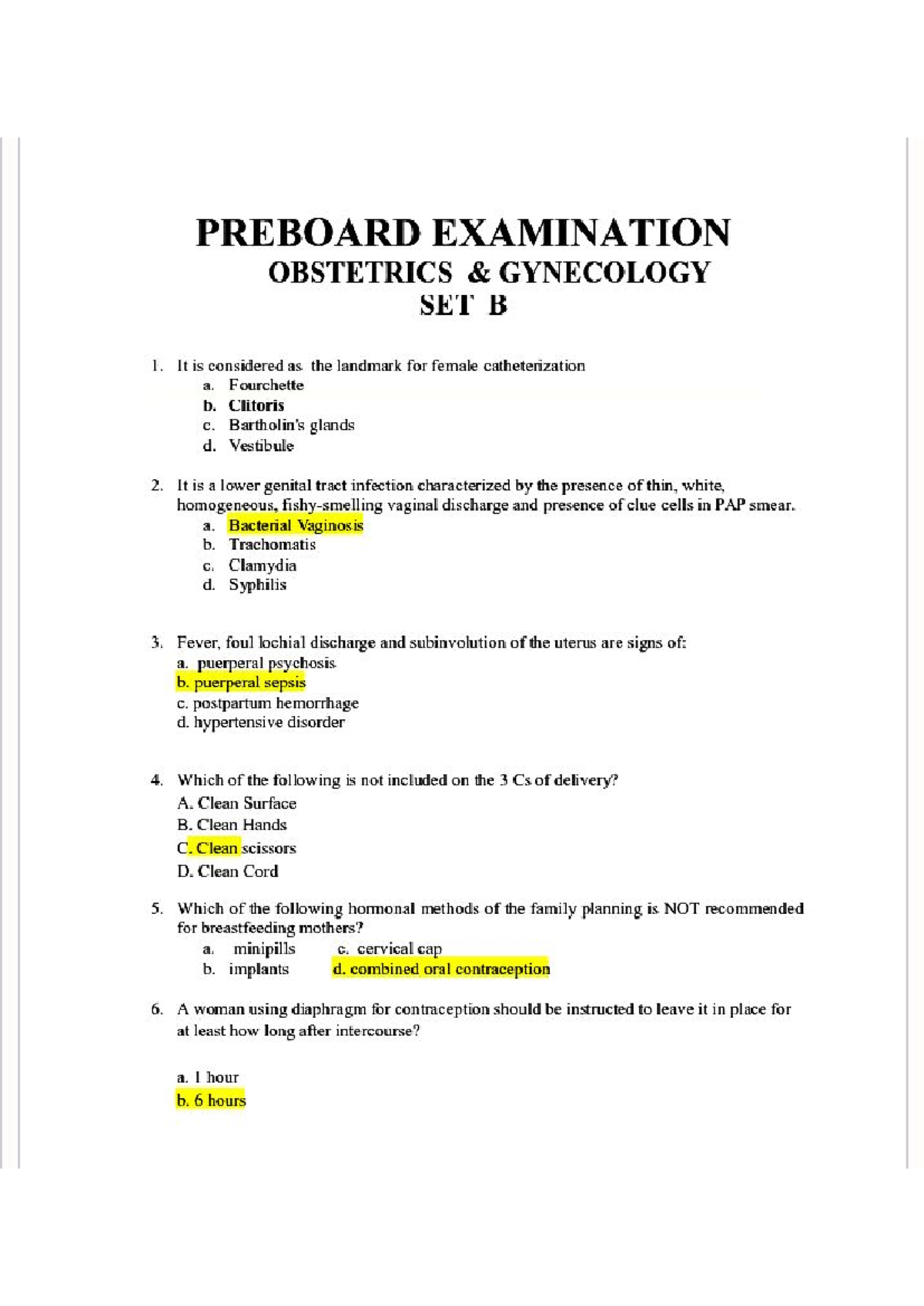 OBSTETRICS GYNECOLOGY PREBOARD EXAM SET B REVIEW NOTES - Studocu