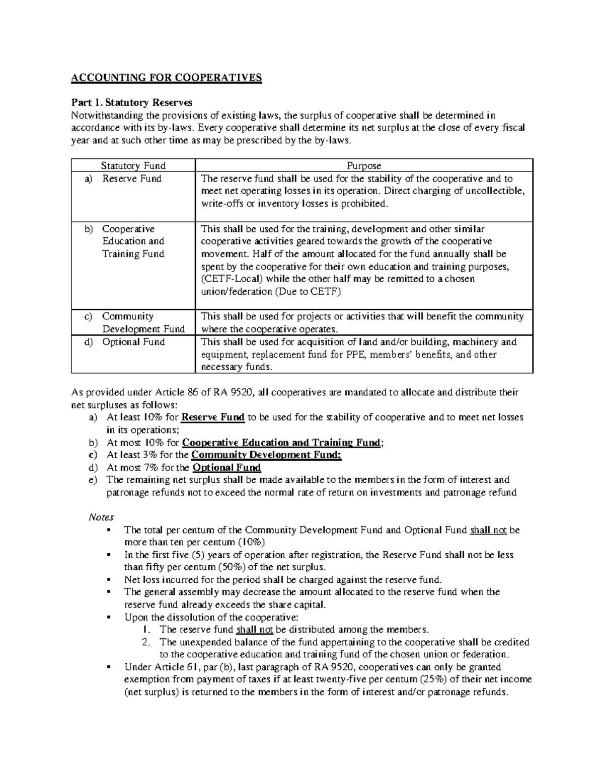 Accounting for Cooperatives: Statutory Funds and Financial Statements ...