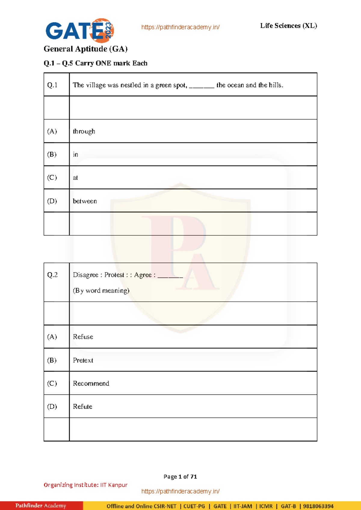GATE Life Sciences (XL) General Aptitude Questions 2023 - Studocu