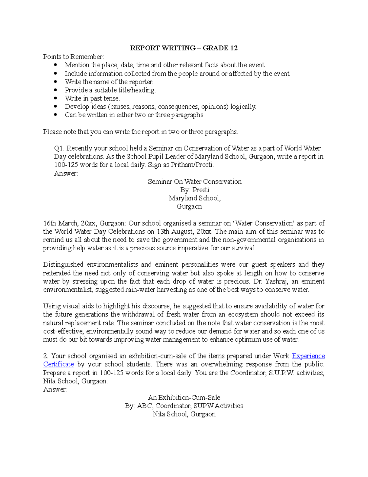 Report Writing - REPORT WRITING – GRADE 12 Points to Remember: Mention ...