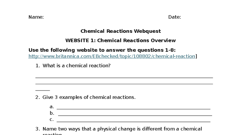 Chemical Reactions Webquest: Overview & Types of Reactions - Studocu