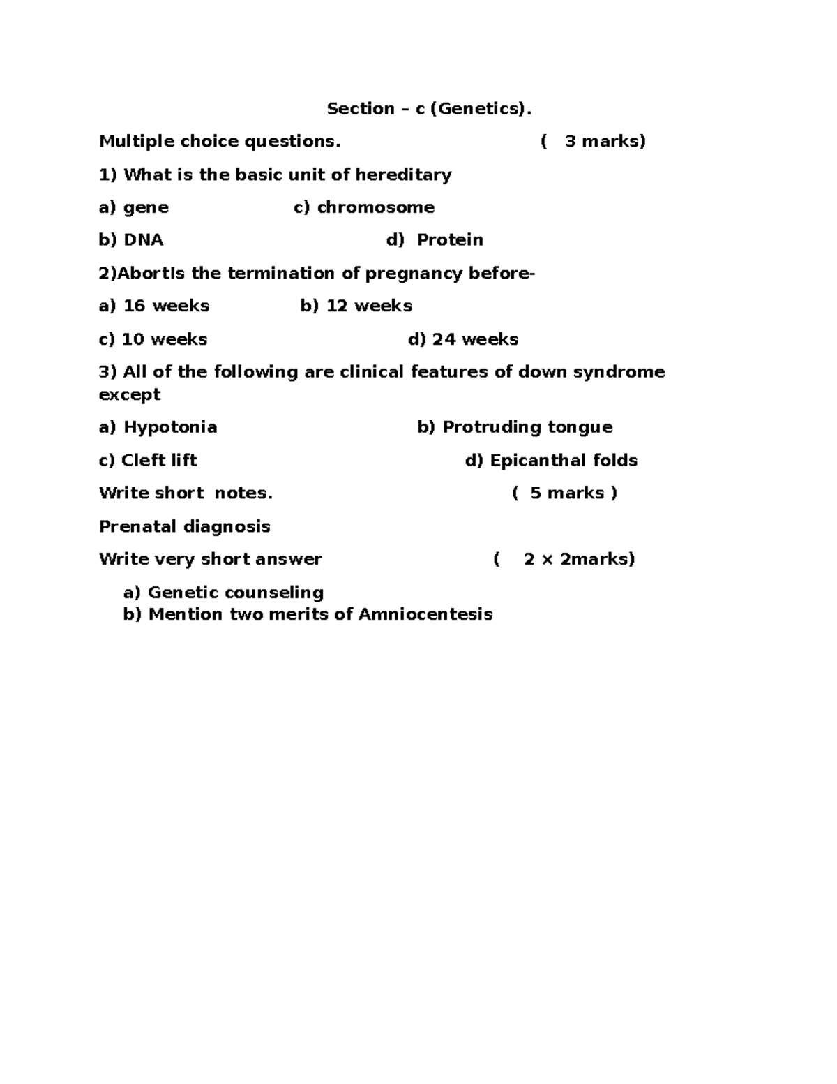 Genetics question paper - Section – c (Genetics). Multiple choice ...