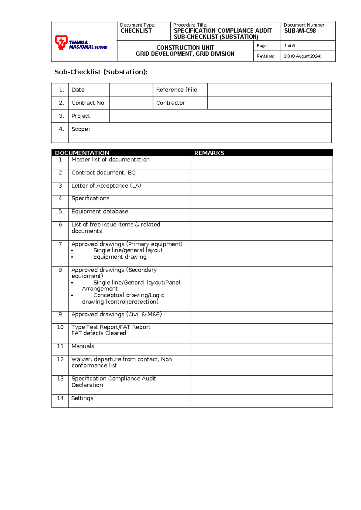 SUB-WI-C98: Specification Compliance Audit Checklist (Substation) - Studocu