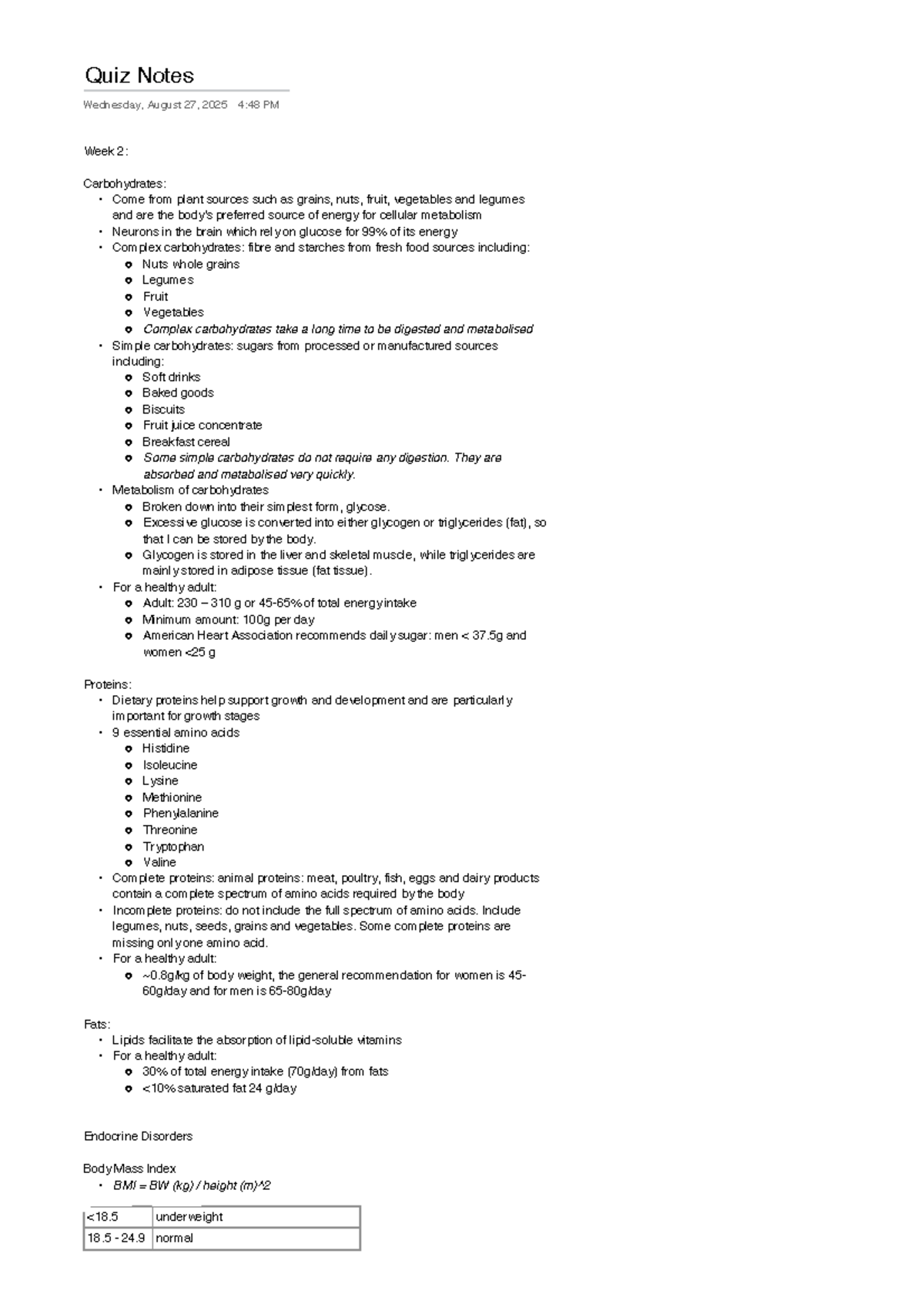 Quiz Notes: Week 2 - Carbohydrates, Proteins, and Fats (Microbiology ...