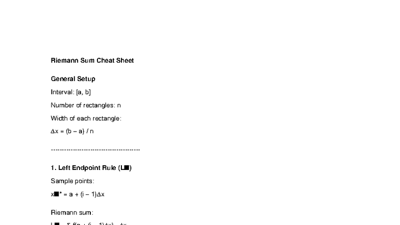 Riemann Sum Cheat Sheet: Setup & Estimation Techniques - Studocu