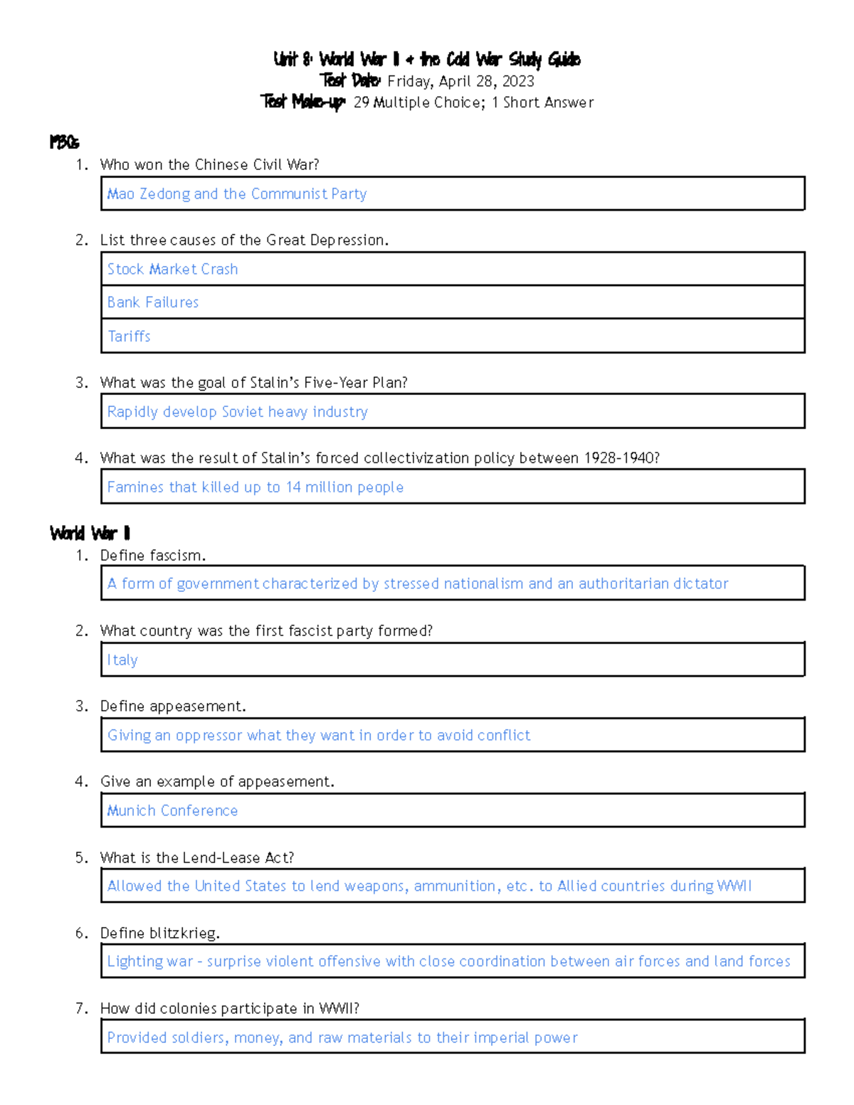 World History Unit 8: WWII & Cold War Test Study Guide - Studocu
