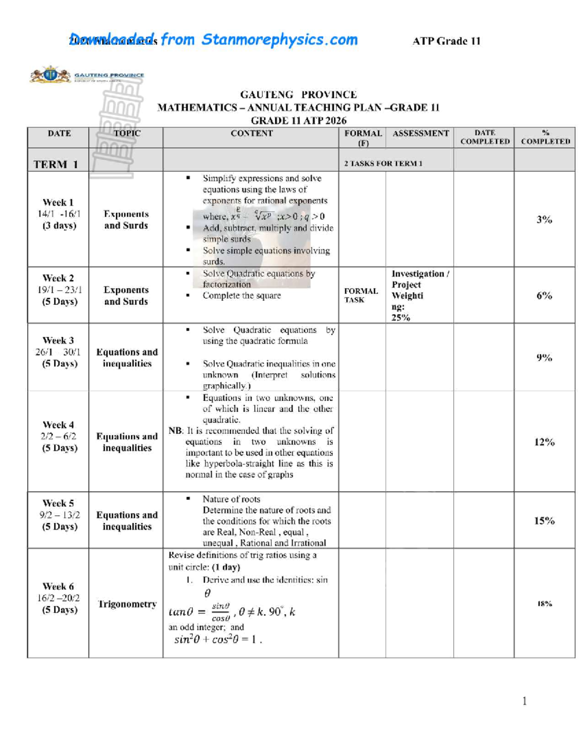 Mathematics Annual Teaching Plan (ATP) Grade 11 - 2026 - Studocu