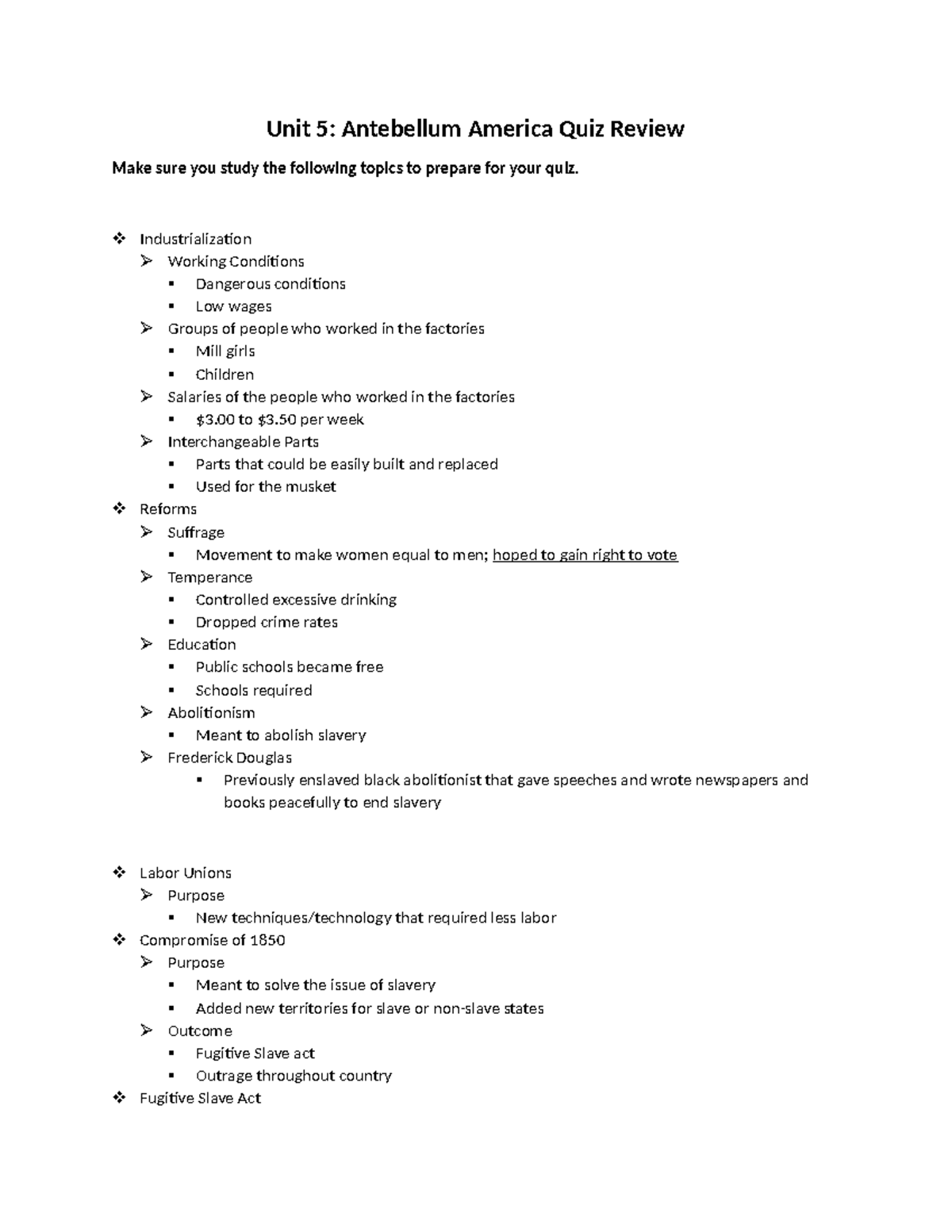 Unit 5: Antebellum America Quiz Review Guide - Studocu