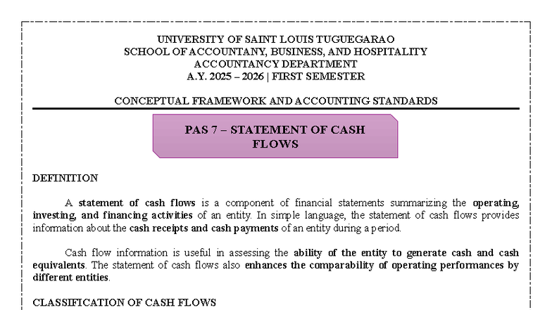 PAS 7 Drill Notes: Conceptual Framework & Cash Flows Analysis - Studocu