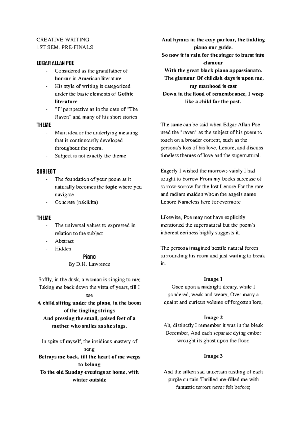 CREATIVE WRITING 1ST SEM: Exploring Subject and Theme in Poe - Studocu