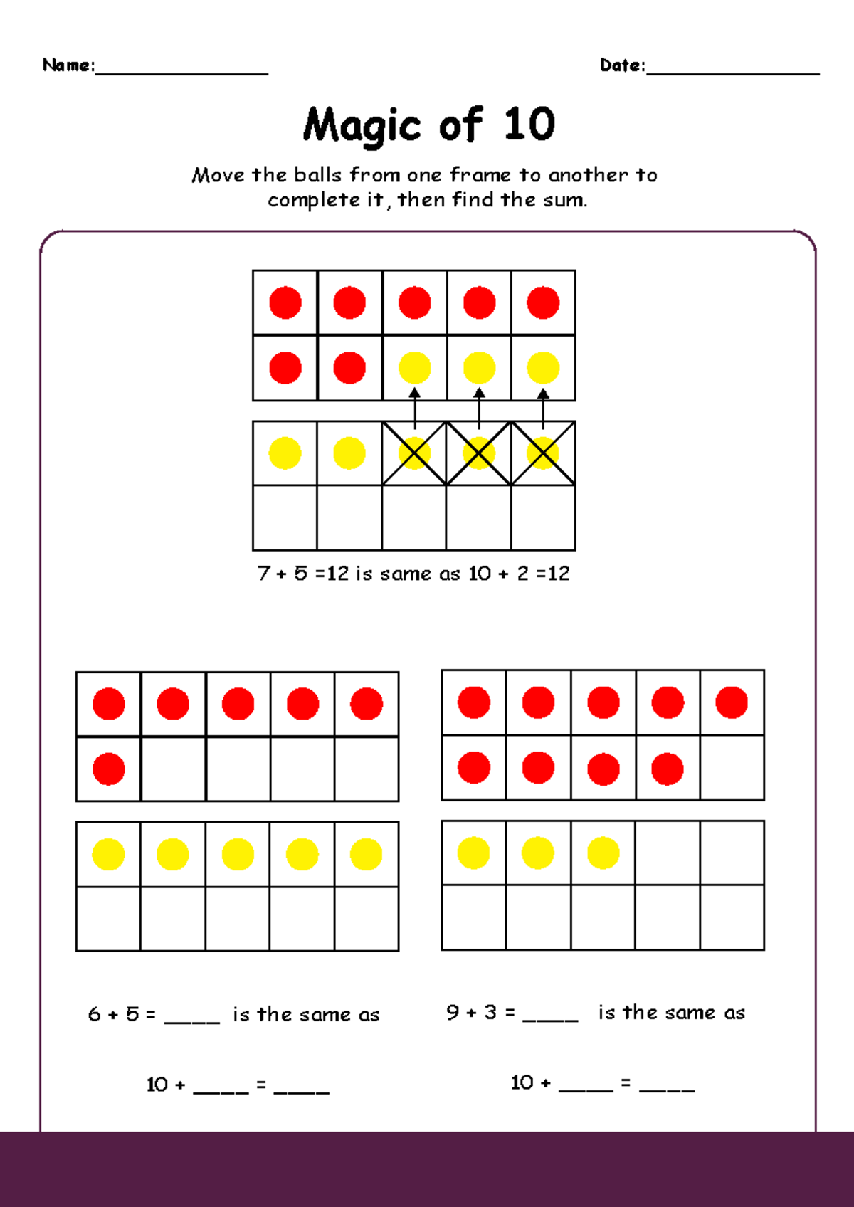 Magic of 10 - 1st Grade Worksheet - Name: Date: Magic of 10 Move the ...