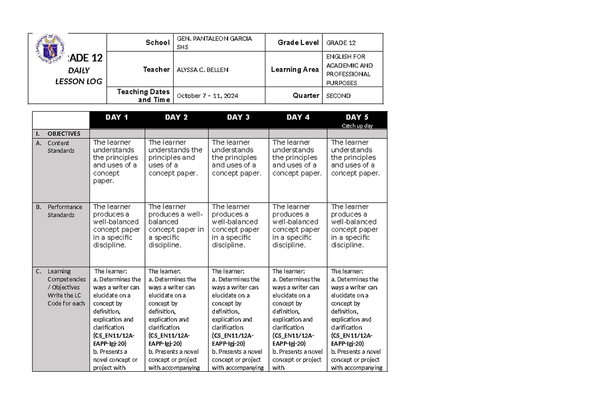 EAPP GRADE 12 WEEK 11 DAILY LESSON LOG: Concept Paper Development - Studocu
